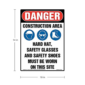 Danger: Construction Area, PPE Must Be Worn Sign - J. J. Keller & Associates - 10" x 14" Plastic with Rounded Corners for Indoor Use - Complies with OSHA 29 CFR 1910.145 and 1926.200