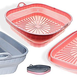 2Pcs Air Fryer Silicone Pot 8 Inch, Air Fryer Silicone Liners Square Foldable,Non Stick Food-Grade Air Fryer Tray,Air Fryer Replacement Basket,Air Fryer Accessories Reusable Pink Grey