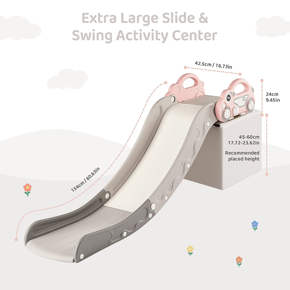 Toddler Indoor Sofa Slide – Stair Slide Attachment for Bed, Nugget Couch & Playgrounds, Car Shape - Pink