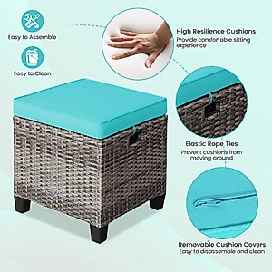 ORALNER Set of 2 Outdoor Ottoman, 16” Wicker Foot Stools, All-Weather Rattan Cube Footstool w/Removable Cushions, Square Footrest Extra Seating for Patio, Porch, Deck, Easy Assembly (Turquoise)