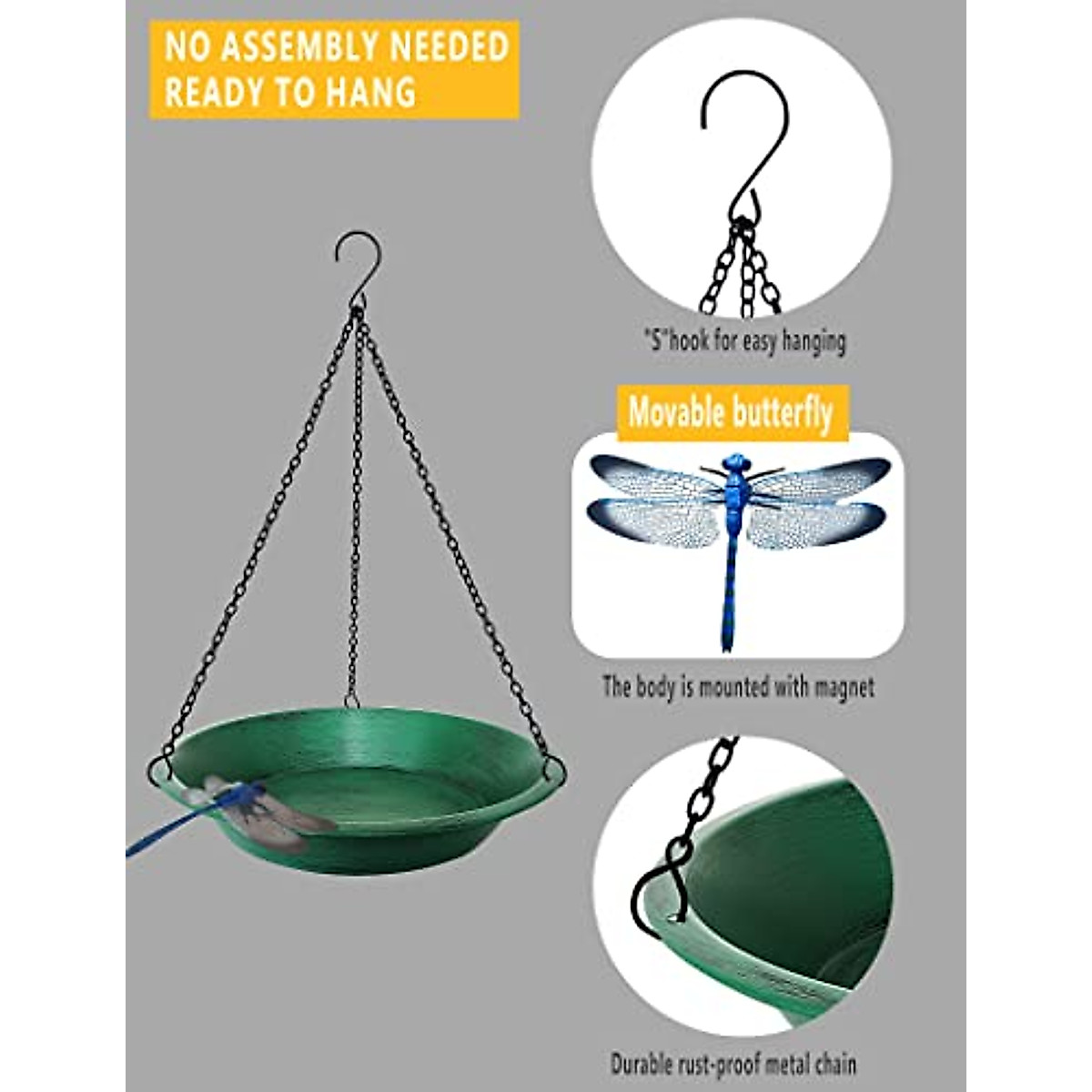 Keygift Hanging Bird Bath for Outdoor, Antique Green Metal Bird Feeder Birdbath Bowl with 17” Rust-Proof Black Chains for Garden Backyard Decor