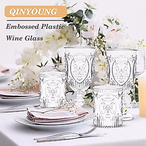Qinyoung Plastic Vintage Drinking Glasses 8.5oz Stemless Wine Glasses Retro Embossed Wine Glasses Shatterproof Reusable Wine Cups for Baby Shower Wedding Reception Grand Event Party(Clear,12)