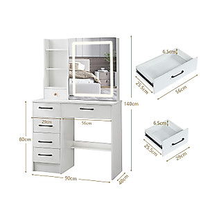 Kkonetoy White Vanity Desk with Lights, Makeup Desk Vanity Set with Sliding Mirror and 5 Drawers, Modern Makeup Vanity Dressing Table with Cushioned Stool for Girls Bedroom Dresser, 30560704LED