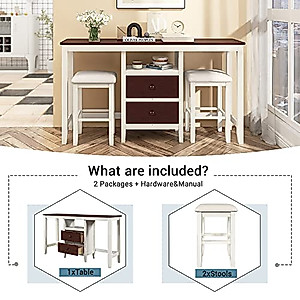 Quarte Farmhouse 3-Piece Dining Table Set,Rustic Counter Height Dining Table Set with 2 Storage Drawers and 2 Stools for Small Places (Brown+White/New*)