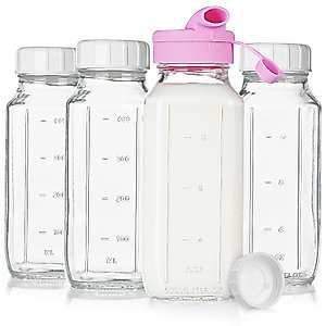 4 Pack 16 Oz Square Glass Milk Bottle With A Silicone Dispenser Cap, Glass Juice Bottles with Airtight Screw Lid, Drinking Bottles With Capacity Marks