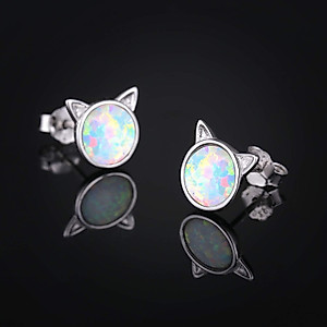 Cuoka Cat Opal Earrings 925 Sterling Silver Cute Opal Cat Stud Earrings Animal Opal Cat Pierced Earrings Jewelry for Women