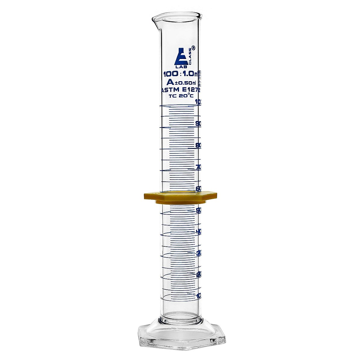 EISCO Graduated Cylinder, 100mL - ASTM, Class A Tolerance ±0.50mL - Protective Collar, Hexagonal Base - Blue Graduations - Borosilicate 3.3 Glass