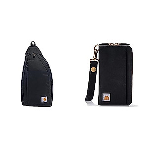 Carhartt Mono Sling Backpack, Unisex Crossbody Bag for Travel and Hiking, Black & Women's Rugged Canvas Wallets, Available in Multiple Styles & Colors, Nylon Duck Lay-Flat Clutch (Black), One Size