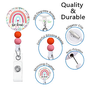 Einzelnn Be Kind Rainbow Badge Reels Retractable with Silicone Beaded Beads, Heavy Duty ID Name Tag Badge Clips Keychain for RN Nurses Nursing Teacher Office Work Business Women Gifts