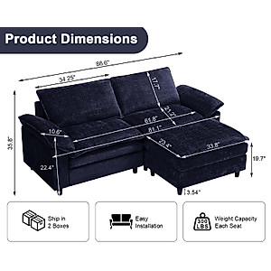 Suheww Cloud Sofa sectional Modular Loveseat Sofa couches, 86.6" Modern 2-Seat Convertible Loveseat Sofa with Ottoman, Comfy L-Shaped Extra Deep Seat Sofa Couch for Living Room Apartment（Blue