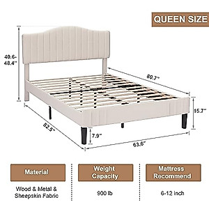 VECELO Upholstered Bed Frame Queen Size, Platform Bed Frame with Adjustable Headboard, Sheepskin Fabric Bed with Strong Wood Slats and 7.9'' Under Bed Space, Noise Free No Box Spring Needed, Beige