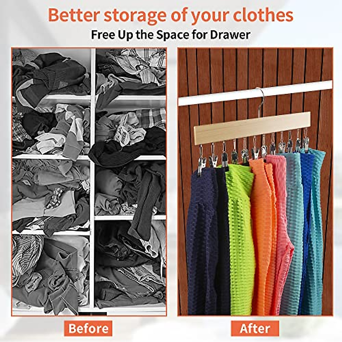 2 Pack Legging Organizer for Closet, Wooden Pants Hangers Leggings Hanger Space Saving with 24 Rubber Coated Clips, Multi Purpose Clothes Storage Organizer for Skirts Shorts Trouser Jeans, Natural