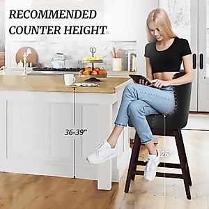 Cozyman Counter Height Bar Stools Set of 2, 26" H Swivel Bar Stool with Back, Faux Leather Counter Stool, Solid Wood Legs, Retro Upholstered Barstools for Kitchen Island, Home Bar, Pub, Black