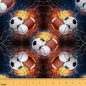 Soccer Upholstery Fabric by The Yard, Ice Fire Basketball Baseball Indoor Outdoor Fabric, American Football Sports Theme Material, 3D Craft Patchwork for Quilting Sewing, 1 Yard, Black White Orange