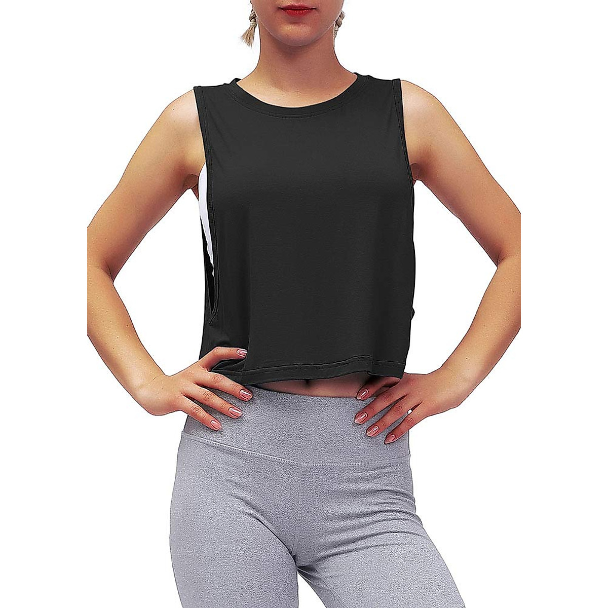 Mippo Cropped Workout Tops for Women Crop Top Workout Shirts Muscle Shirts Mesh Tank Athletic Clothes Active Wear Black M