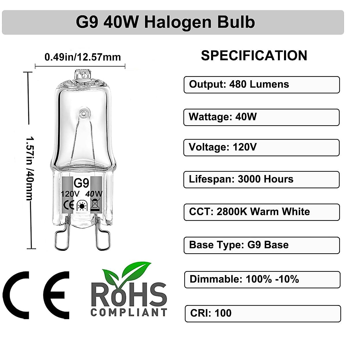 Vannise G9 40W Bulb-5 Pack Long Lasting JCD G9 120V 40W, Halogen Bulbs 2 Pin G9 Dimmable with 2800K Warm White, High Output G9 Bulb with G9 Base, G9 Light Bulb 40W for Chandelier,Range Hood Light