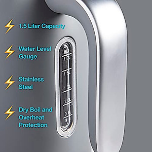 Rae Dunn Electric Water Kettle - Stainless Steel Coffee Maker, Tea Kettle, Electric Hot Water Kettle with Automatic Shut Off Boil-Dry Protection, 1500 Watt Boiling Power, 1.7 Liters, Grey