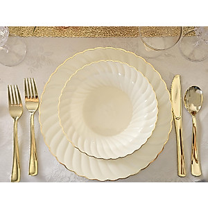 " OCCASIONS " 50 Plates Pack (25 Guests)-Vintage Wedding Party Disposable Plastic Plate Set -25 x 10.25'' Dinner + 25 x 7.5'' Salad/dessert plates (Blossom Ivory & Gold)