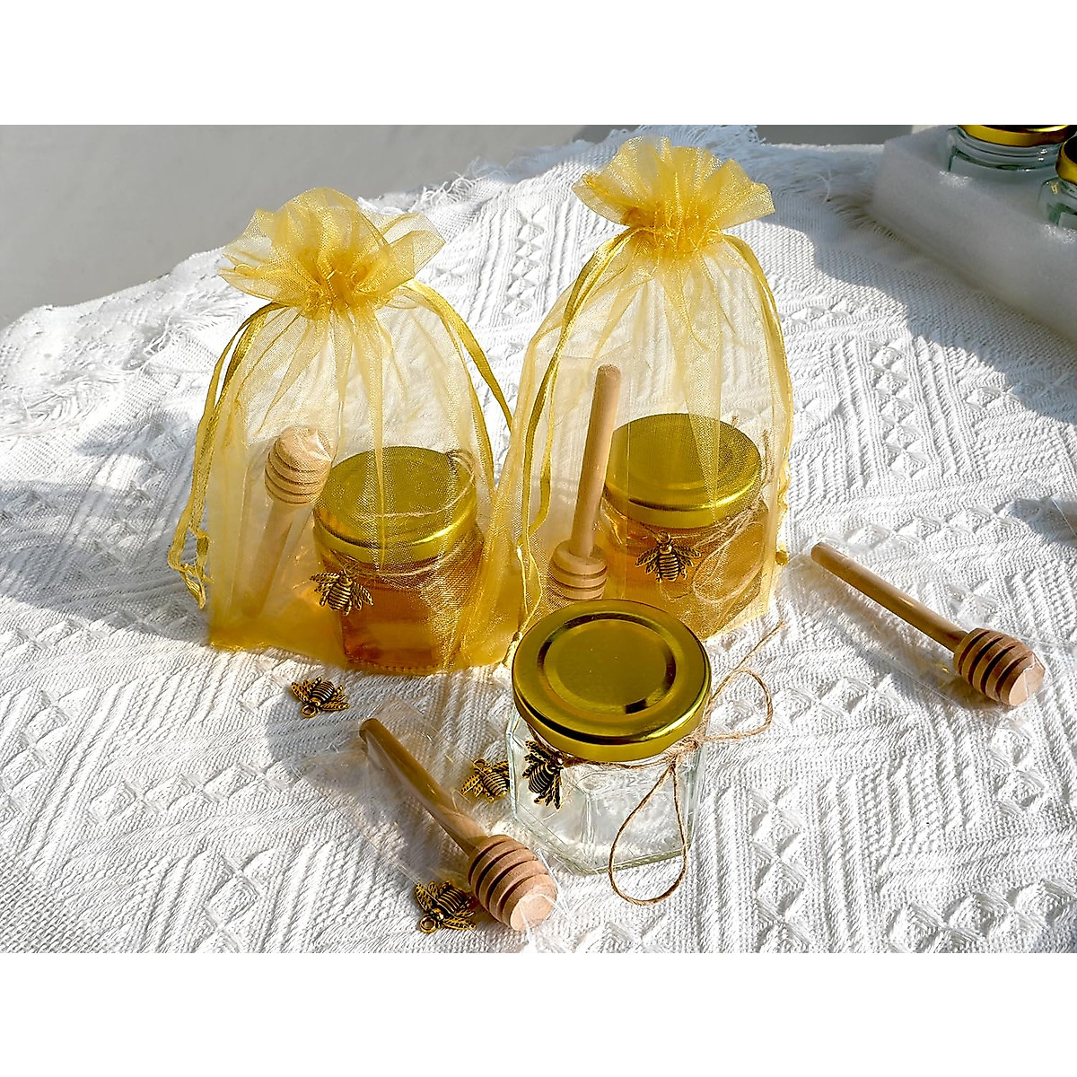 Mini Hexagonal Honey Jars - 2 oz 15 Pack Little Glass Honey Jar - Glass Honey Jars with Wooden Dippers, Bee Charms, Jutes and Gold Gift Bags - Honey Jars for Baby Shower, Wedding Party Favors