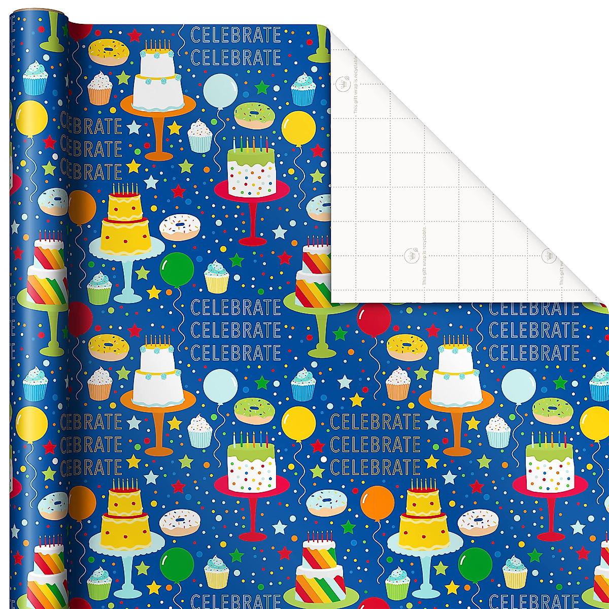 Hallmark Birthday Wrapping Paper Set (3 Rolls: 90 Sq. Ft. Ttl, 10 Bows, Ribbon, Gift Tag Stickers) Rainbow Stripes, Cake, "Happy Birthday" for Kids and Adults