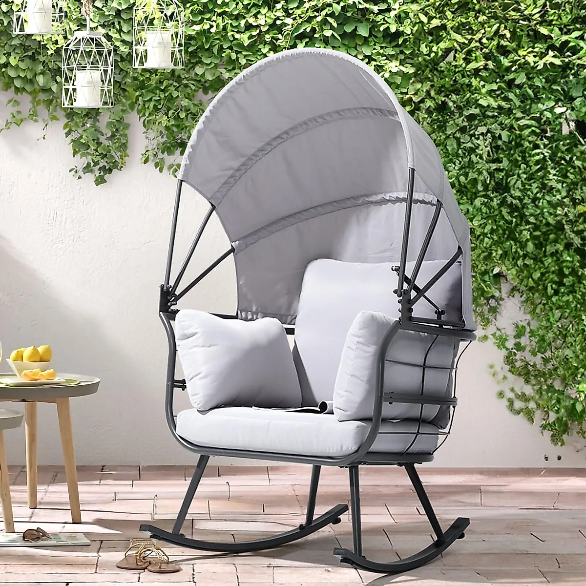 Patiorama Outdoor Indoor Rocking Egg Chair, Patio Rocker Chair with Retractable Canopy, All-Weather Outside Oversized Lounge Chair with Cushion for Garden Balcony Living Room, 350 lbs Capacity, Grey