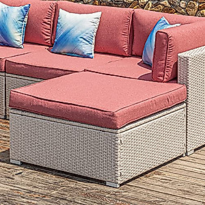 COSIEST Outdoor Furniture Add-on Ottoman for Expanding Wicker Sectional Sofa Thick Cushion for Garden, Pool, Backyard (Red)