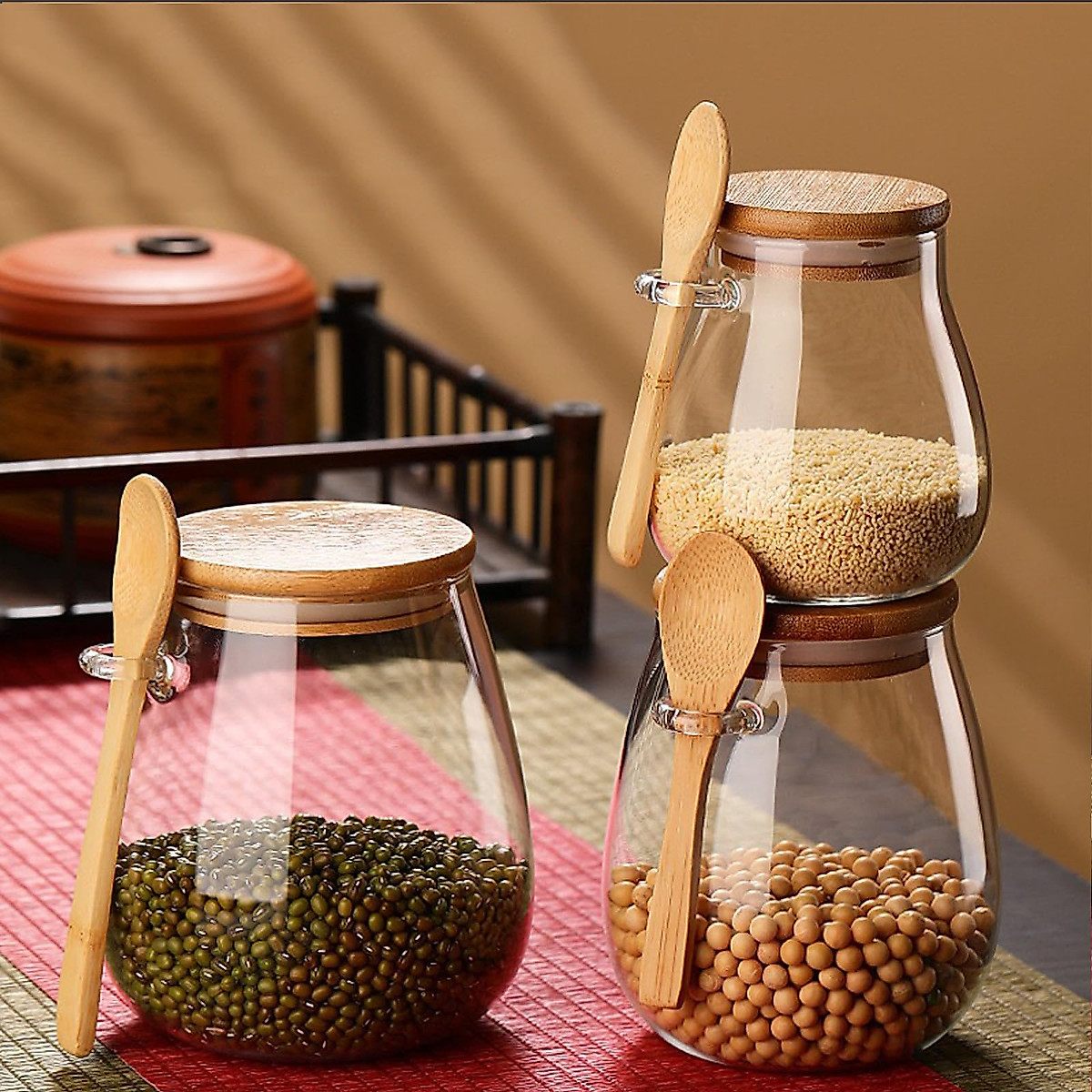 DNIENKGE Airtight glass jar storage container with bamboo lid Set of 2, wide mouth, leak-proof, With a spoon, can be used for coffee beans, tea leaves, grains, dried fruits, etc (Small)
