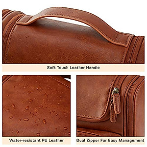 BAGSMART Hanging Toiletry Bag, Water-resistant Leather Dopp Kit, Large Travel Organizer for Full Sized Container, Brown