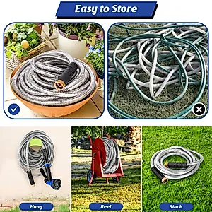 BAZOLOTA Garden Hose 50ft, Metal Stainless Steel Water Hose with Nozzle, Lightweight, Flexible and Sturdy, Anti-Wear and Puncture-Proof, No Kink, Suitable for Yards and Outdoor