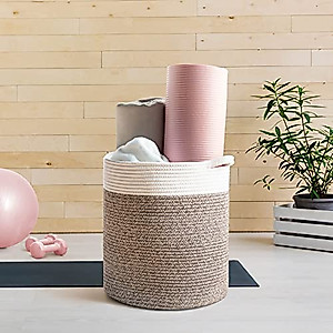 INDRESSME Cotton Rope Basket for Yoga Mat, Baby Laundry Basket for Toy, Towel, Clothes, Blankets, Woven Basket for Nursery Room, Living Room, 15 x13 inches, Brown