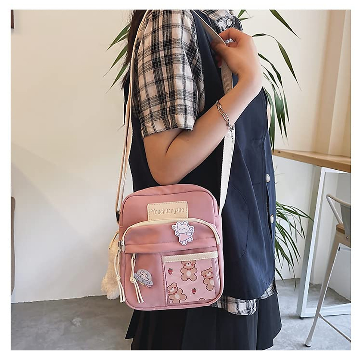 Wfeynia Kawaii Small Crossbody Bag Cute Purse Bags for Teen Girls Mini Shoulder Bag with Pins Pendant Y2k Aesthetic Backpack (Pink, One Size)