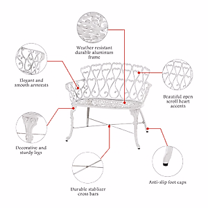 Westcharm White Cast Aluminum 2-Person Bench for Outdoor Garden Patio Yard Park Lawn with White Heart | Antique Victorian Dining Loveseat
