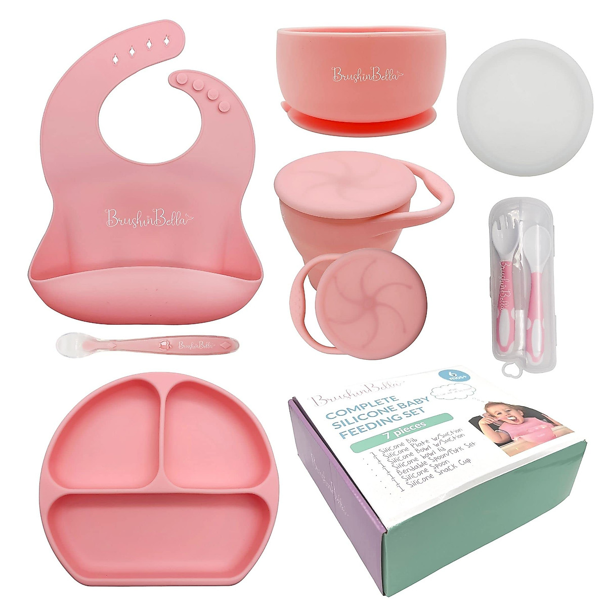 BrushinBella Baby Feeding Supplies - Complete Baby Feeding Set with Baby Plate, Baby Spoons First Stage, Silicone Bib and Snack Cup - Infant Eating Utensils and Baby Bowl with Suction