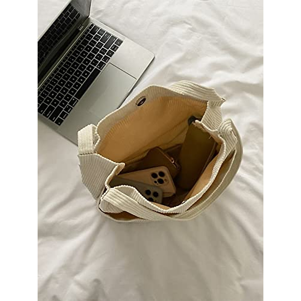 SHENHE Women's Corduroy Double Handle Big Canvas Shoulder Bags Tote Handbags with Pockets Beige One Size