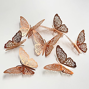 24 Pcs Butterfly Wall Stickers,Butterfly Wall Decor,Butterfly Wall Decals,Butterfly Stickers for Butterfly Party Decorations,Butterfly Birthday Decorations,Butterfly Cake Decorations(Rose Gold)