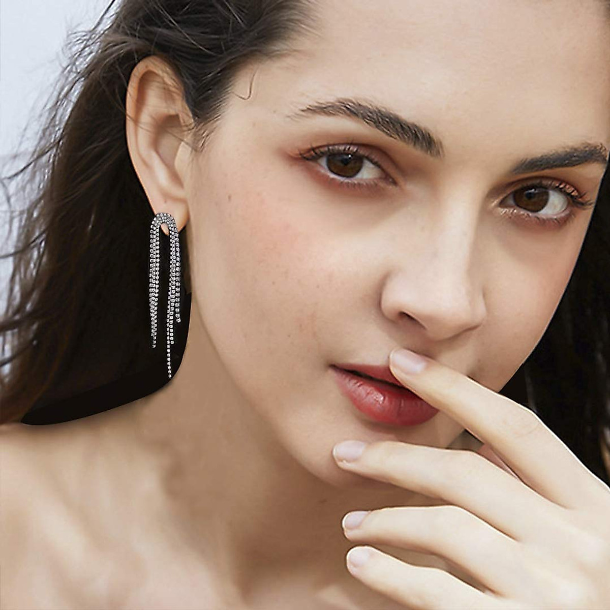 GBAHFY Fashion Long Tassel Crystal Drop Earrings for Women Geometric Full Rhinestone Earrings Statement Jewelry Gifts (Long Tassel Crystal Drop Earrings-Silver)