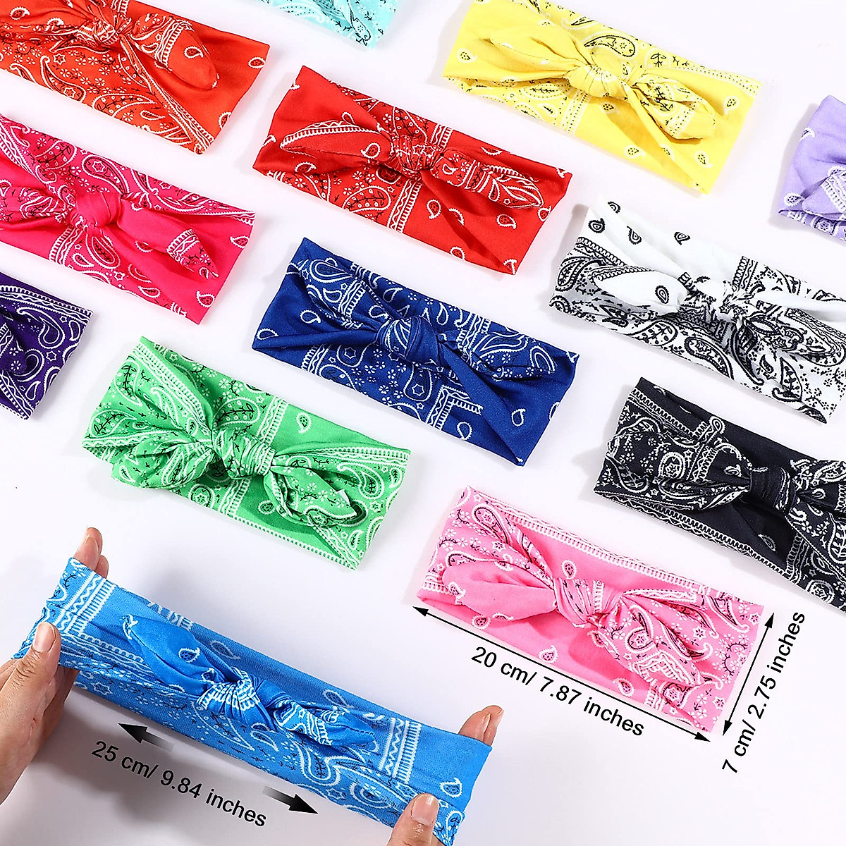 WILLBOND 13 Pieces Bandana Headband for Women Paisley Hair Bandanas Boho Bow Headbands Elastic Knot Rabbit Ear Head Wrap Cute Hair Accessories for Women Girls 7.87x2.77 inch (Stylish Color)