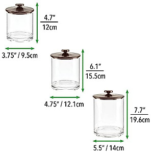 mDesign Plastic Apothecary Canister Jar Storage Organizer for Bathroom, Bedroom, Vanity, Kitchen Cabinet Organization - Holds Cotton Swab - Lumiere Collection - Set of 3 - Clear/Bronze