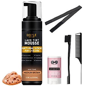 Lace Tint Melting Hair Mousse, 6.8 fl oz Lace Tint Mousse for Women Hair Wigs Lace Wigs Toupees and Hairpieces Natural Finishing Lace Color, Lace Tint for Wigs Tool Set (Light Brown)