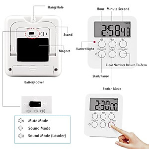 Digital Kitchen Timer with Mute/Lound Alarm Switch,3 in 1 Multifunctional Clock Alarm Count UP/Down Timer,24-Hours Memory Function Magnetic Timer for Cooking Learning(White)