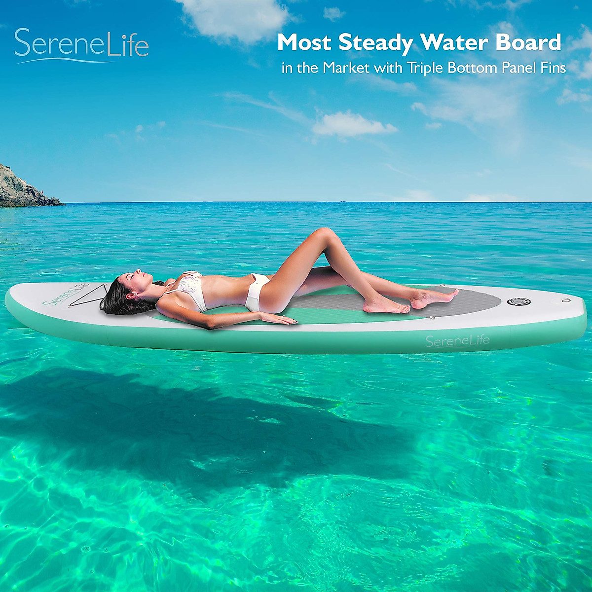 SereneLife Inflatable Stand Up Paddle Board (6 Inches Thick) with Premium SUP Accessories & Carry Bag | Wide Stance, Bottom Fin for Paddling, Surf Control, Non-Slip Deck | Youth & Adult Standing Boat