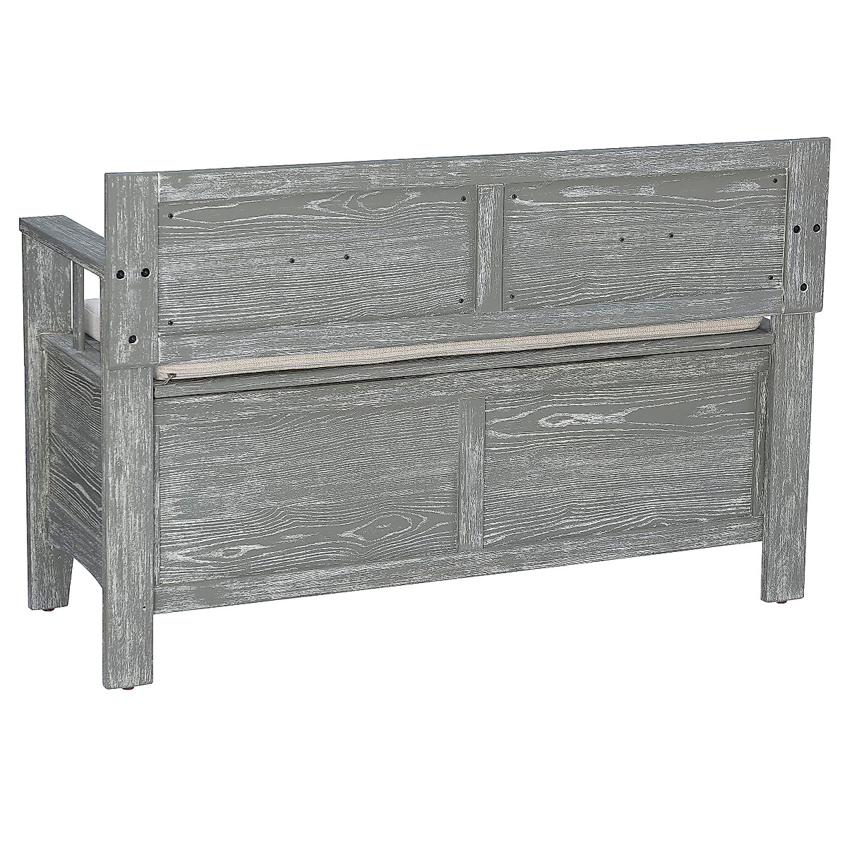 Linon Weathered Grey Carlton Storage Bench with Beige Upholstered Back and Cushioned Seat