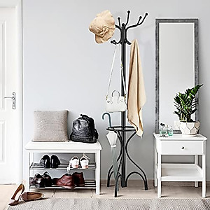 Tangkula Coat Rack Freestanding, 75 Inch Heavy Duty Metal Coat Hanger Stand with Umbrella Holder, Entryway Hat Jacket Hanger with 12 Hooks for Scarf Crutch Bag Coat, Standing Coat Tree Rack(Black 003)