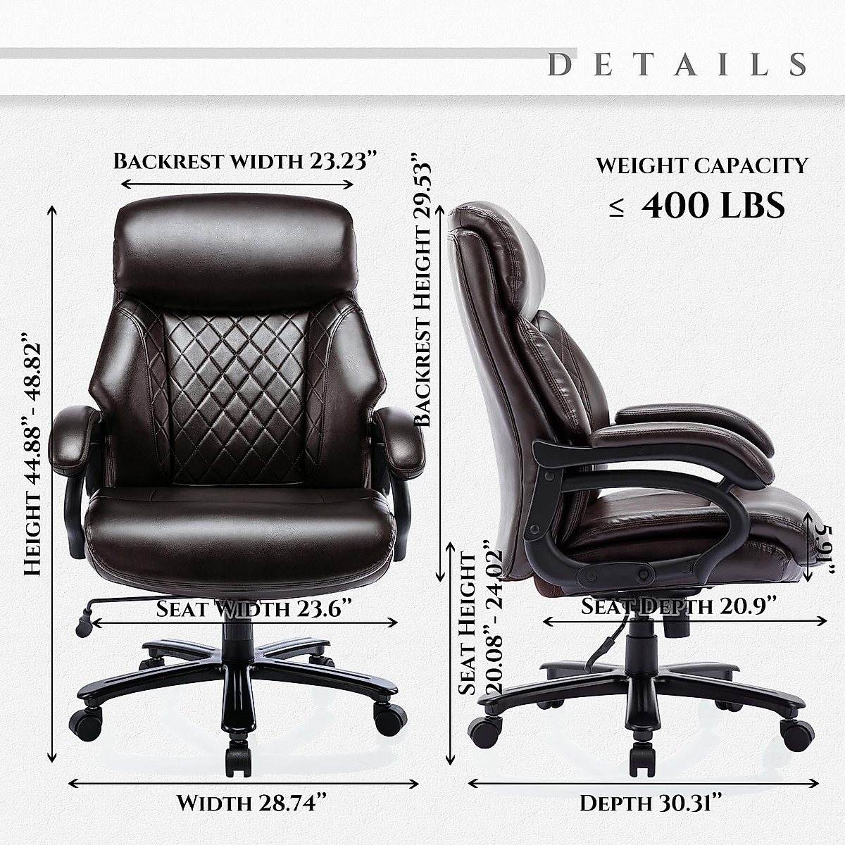 Big and Tall Office Chair 400lbs-Heavy Duty Executive Desk Chair with Extra Wide Seat, High Back Ergonomic Leather Computer Chair with Tilt Rock&Tension, Padded Armrests-Diamond Brown