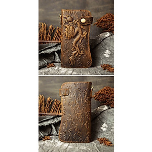 Le'aokuu Mens Genuine Leather Bifold Wallet Organizer Checkbook Iron Chain(0 1088 Dragon Light Brown)