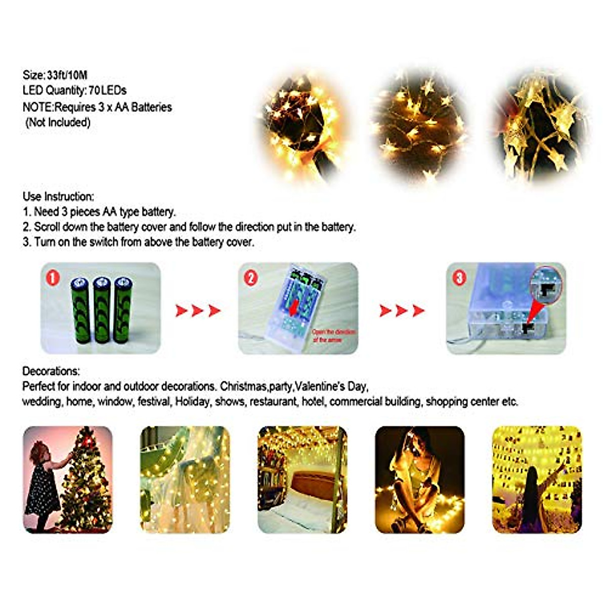 Star LED String Lights - 70 LED 33 FT Twinkle Star Battery Operated Fairy Lights Waterproof for Outdoor, Indoor, Bedroom, Wedding, Party, Christmas Halloween Garden Decorations