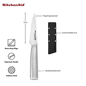 KitchenAid Gourmet Forged Stainless Steel Paring Knife with Custom-Fit Blade Cover, 3.5-inch, Sharp Kitchen Knife, High-Carbon Japanese Stainless Steel Blade, Brushed Stainless Steel Handle