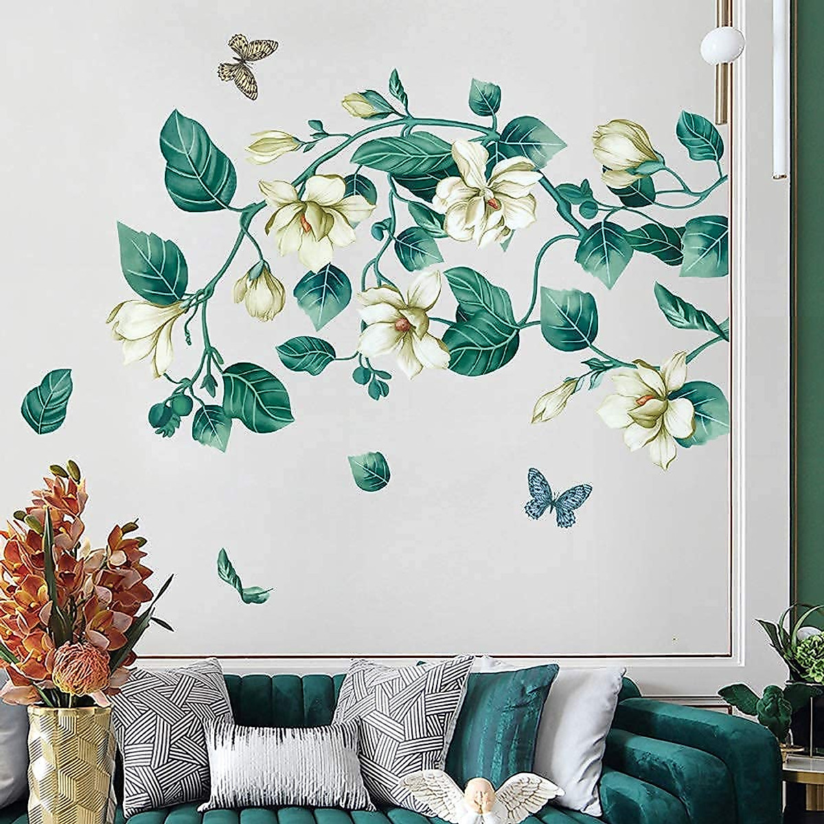 LiveGallery Removable Vinyl Fresh Green Leaf and White Flower Wall Sticker Murals Kids Girls Bedroom Nursery Rooms Wall Decals 3D Peel and Stick Decor for Home Living Room Offices Wall Corner