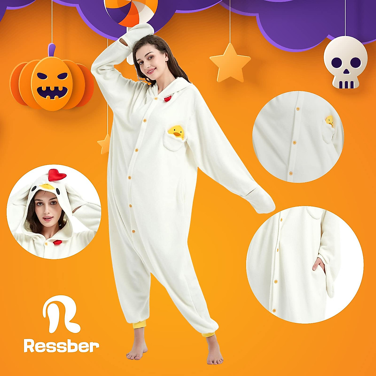 ressber Unisex Adult Onesie Pajamas Animal One Piece Halloween Costume Christmas Sleepwear Jumpsuit (White Chicken, Small)