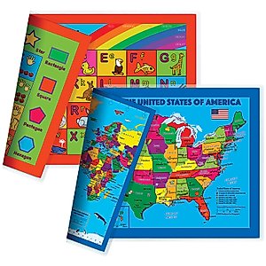 Natural Learning Children's Placemat (One 4-in-1 Alphabet, Numbers, Shapes, Colors and One USA/USA Centered World (2 Pack))
